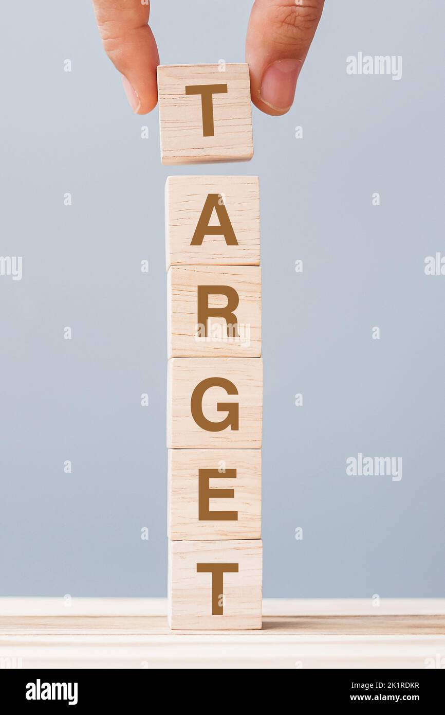 Business man hand holding wooden cube block with TARGET business word ...