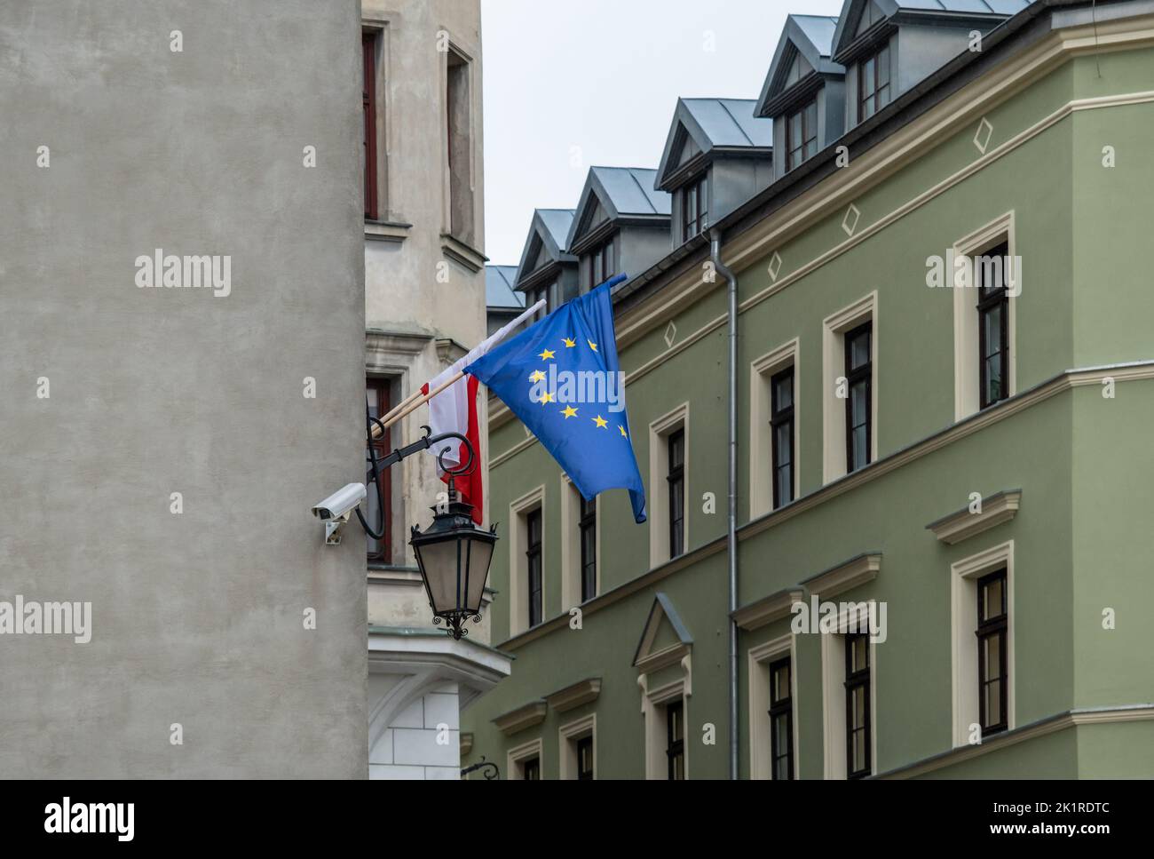 European Union flag and Poland flag on the facade of building in Lublin ...