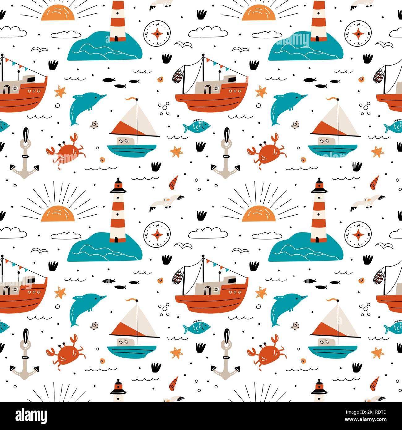 Cartoon marine elements seamless pattern. Nautical objects. Kids wrapping paper. Water animals ...