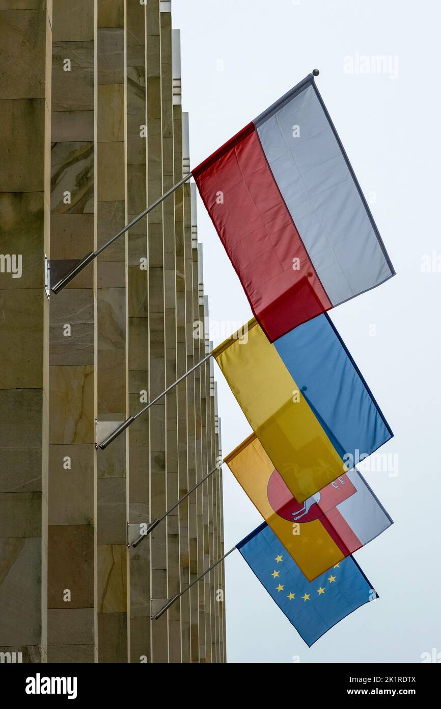 The flags of Poland, Ukraine, Lublin Voivodeship and European Union on ...