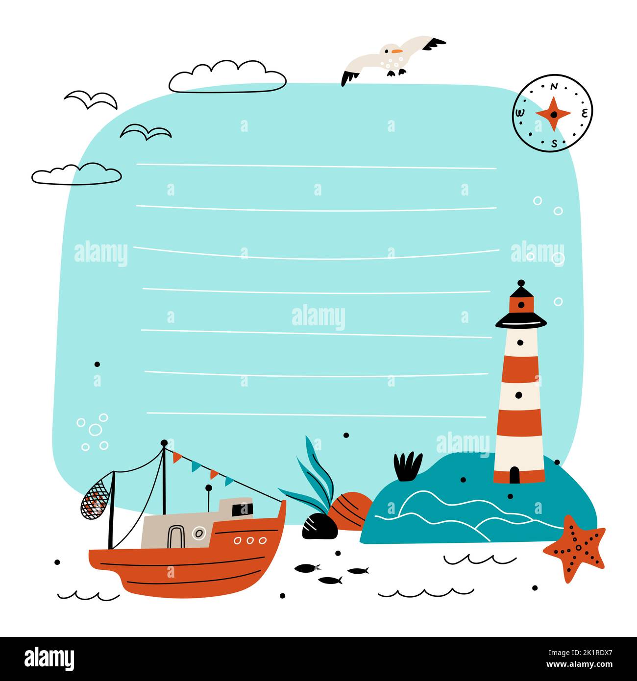 Cartoon sea elements frame illustration. Summertime beach card. Aquatic ...