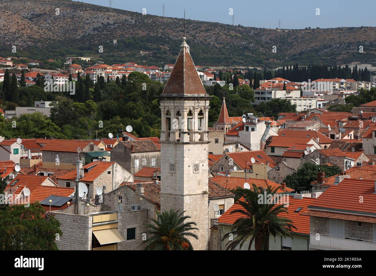 Aerial view to historical buildings from the old town of Trogir ...