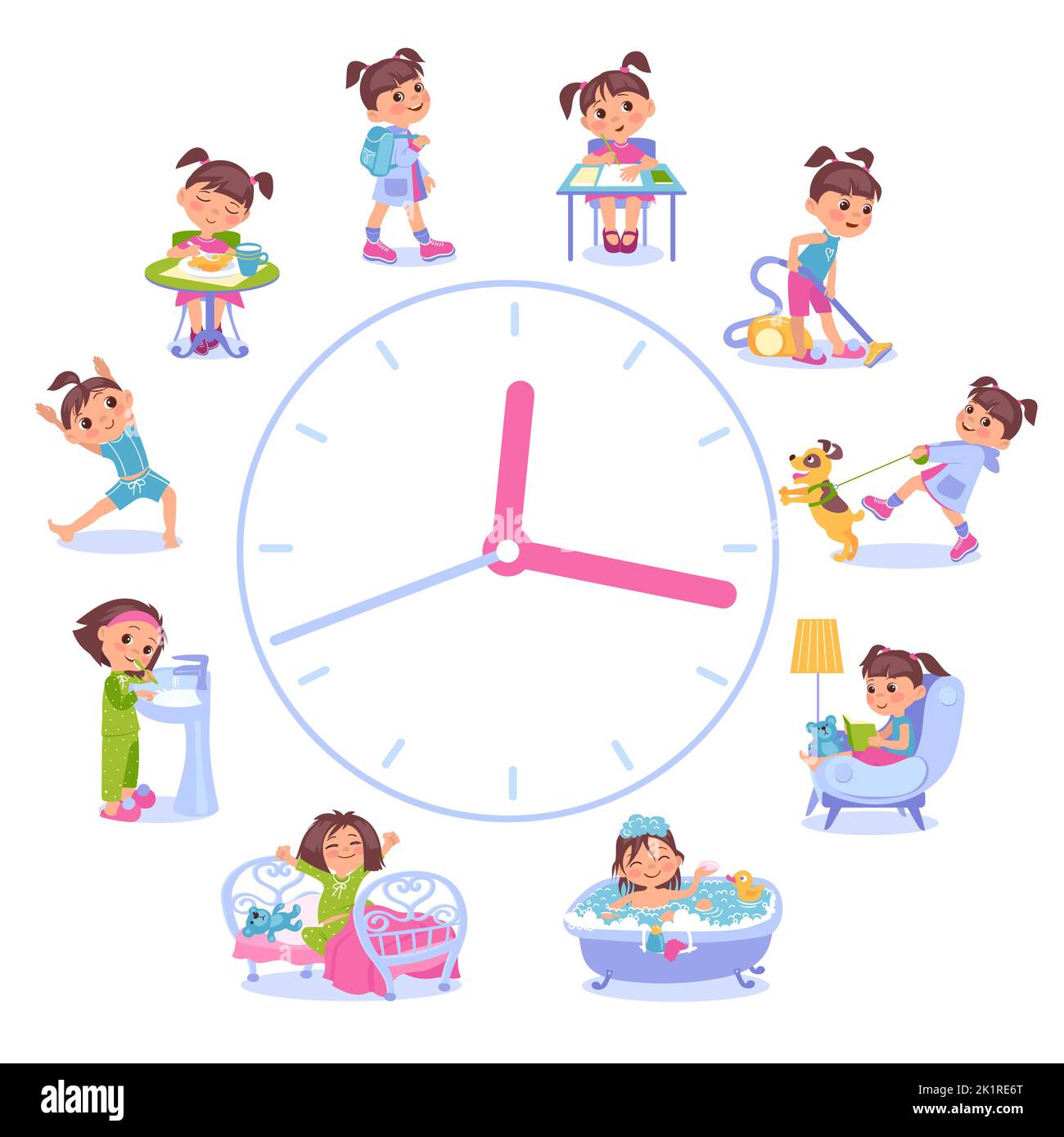 Girls daily routine. Dial clock with different activities scenes ...