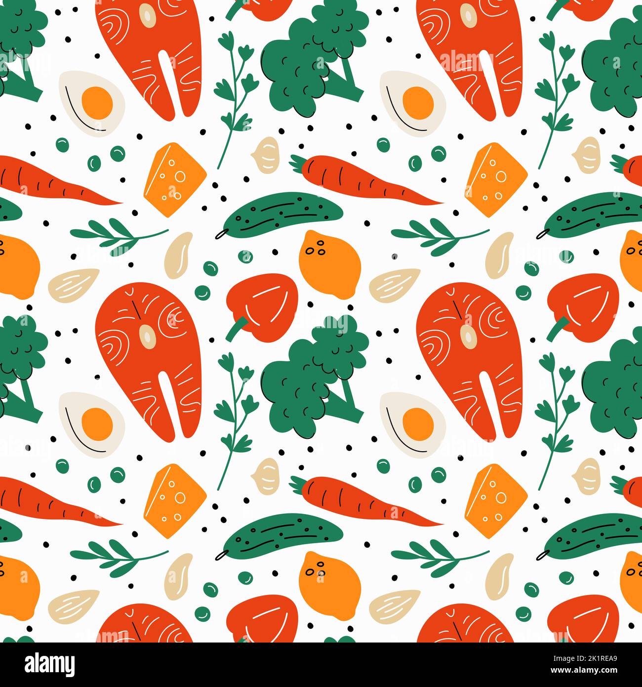 Healthy food seamless pattern. Diet nutrition products. Proteins, fats ...