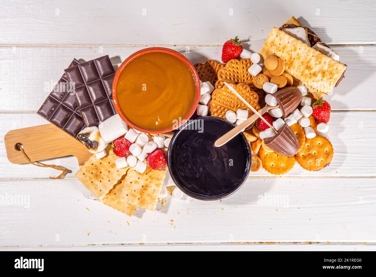 S'mores home party food and ingredients. Smores buffet background with ...