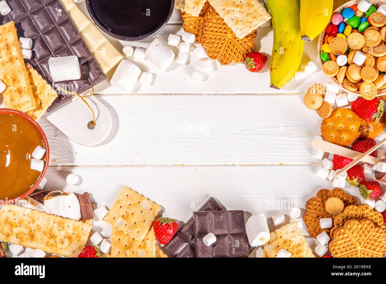 S'mores home party food and ingredients. Smores buffet background with ...