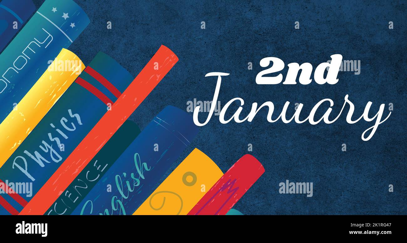 Illustration of 2nd january text with multiple subjects book against ...