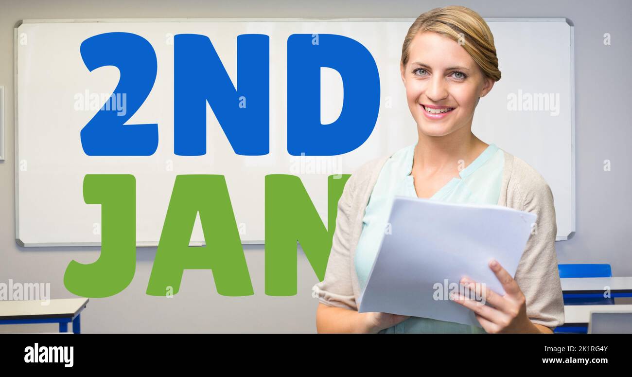 Composite of 2nd jan text with caucasian female teacher holding ...