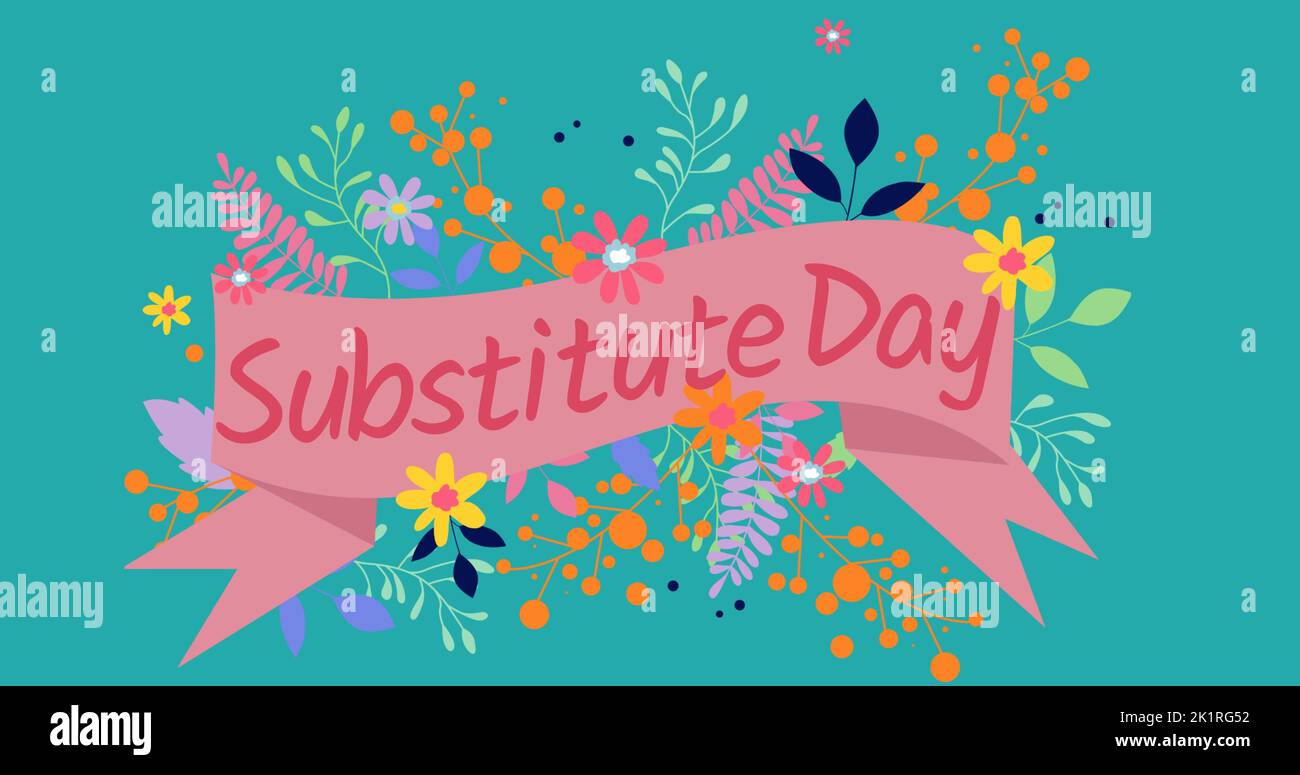 Illustration of substitute day text in pink ribbon with colorful ...