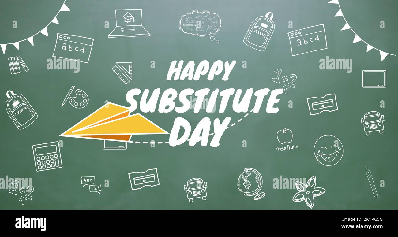 Illustration of happy substitute day text with paper plane and school ...