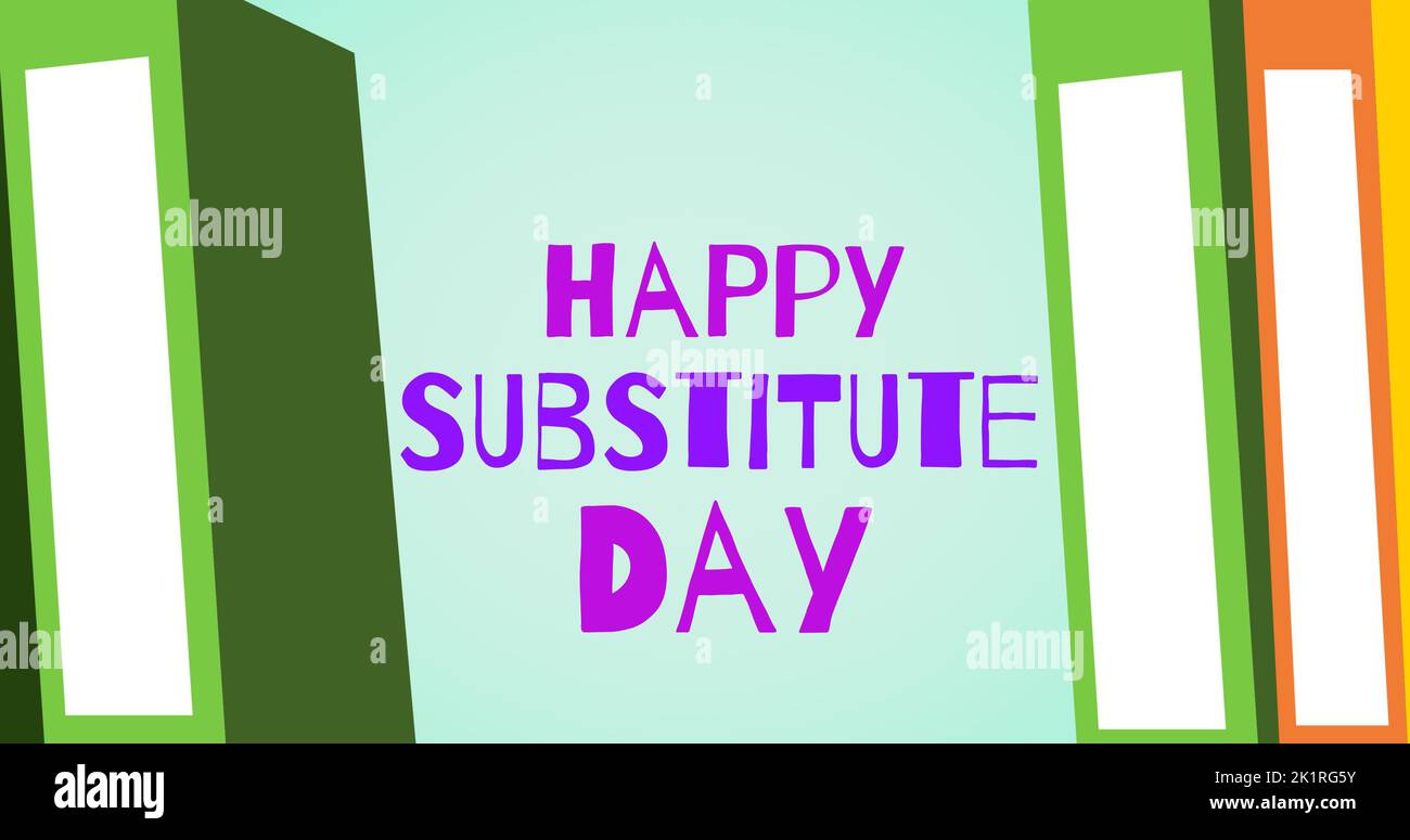 Illustration of happy substitute day text with books against blue ...
