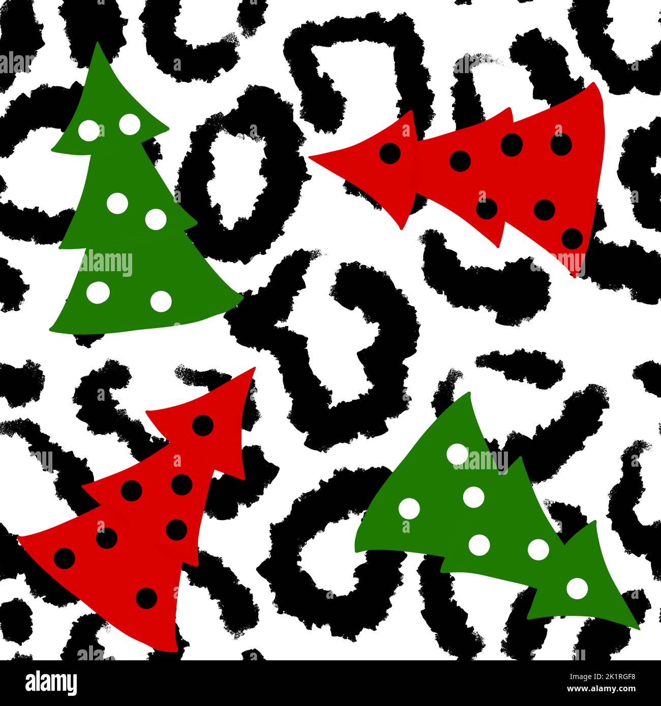 Hand drawn seamless green red christmas leopard pattern with christmas ...