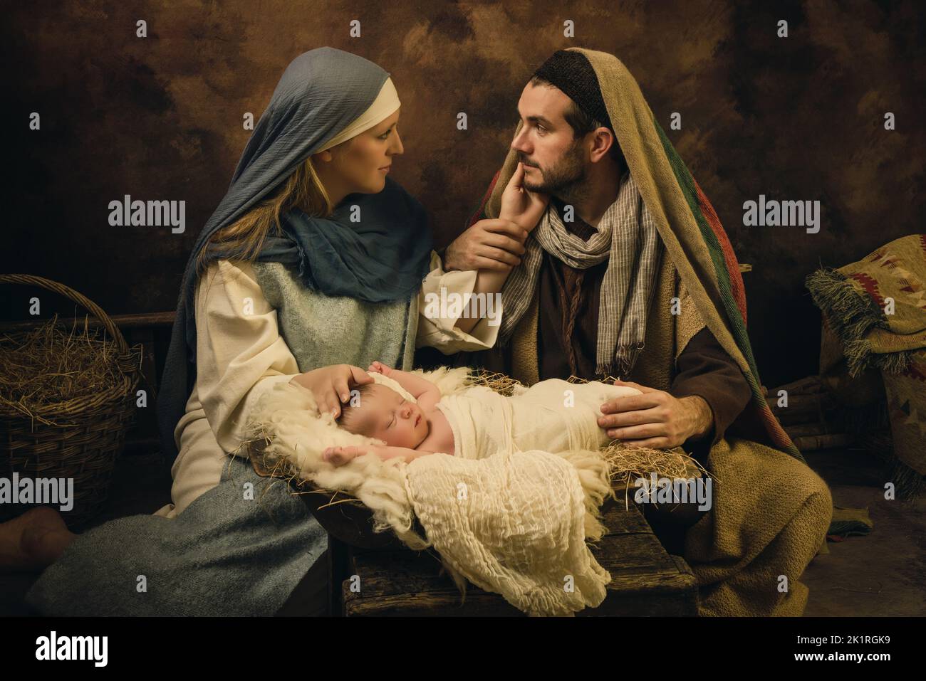 Couple reenacting a Christmas live nativity scene with their 8 days old ...