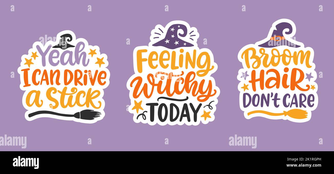 Set of Halloween Witch Hand Drawn Cute Lettering phrases Stock Vector ...