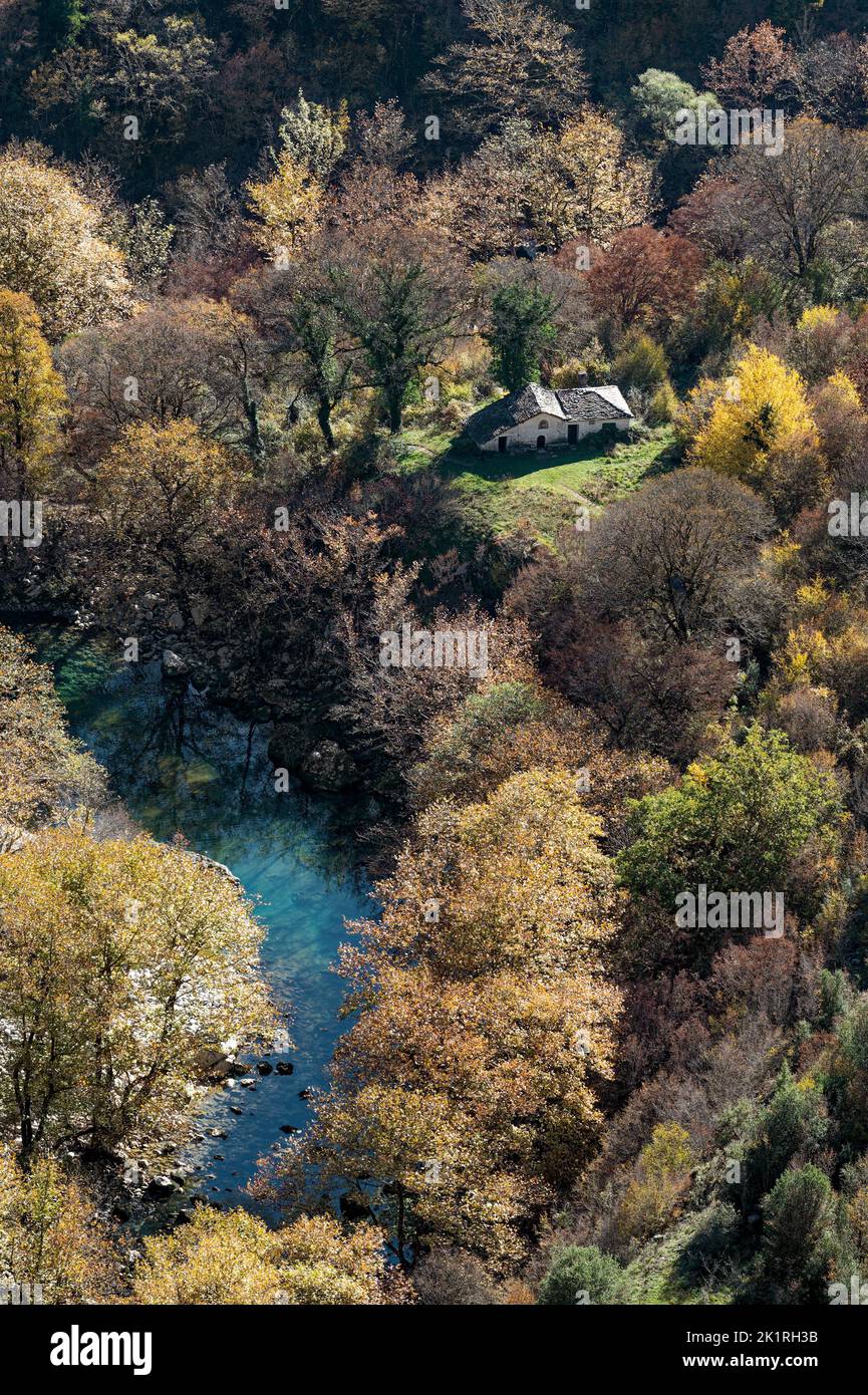 Old chapel at the springs of Voidomatis River at the Vikos Gorge ...