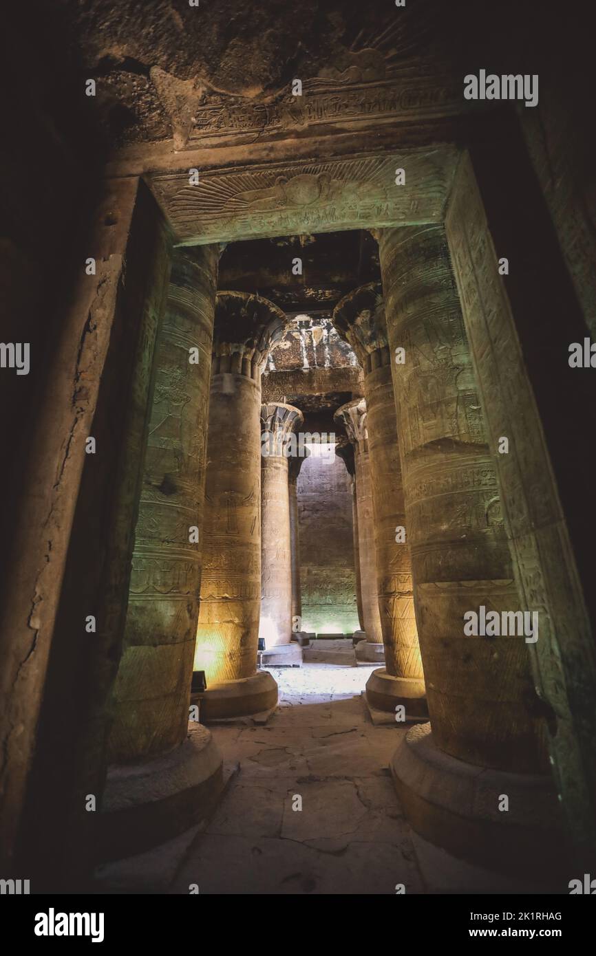 Interior View of the Temple of Edfu with Carved Pillars and Ancient ...