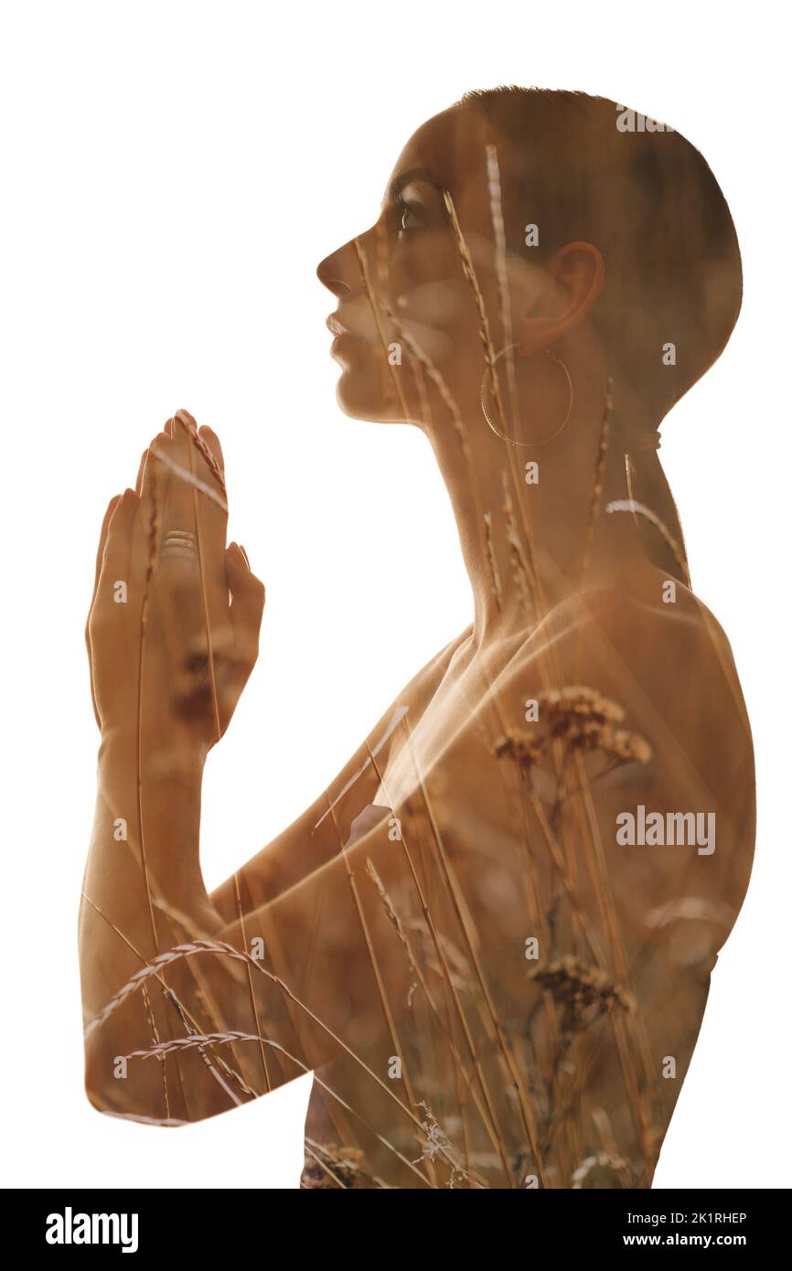 Double exposure silhouette. Nature harmony. Hope faith. Autumn meadow ...