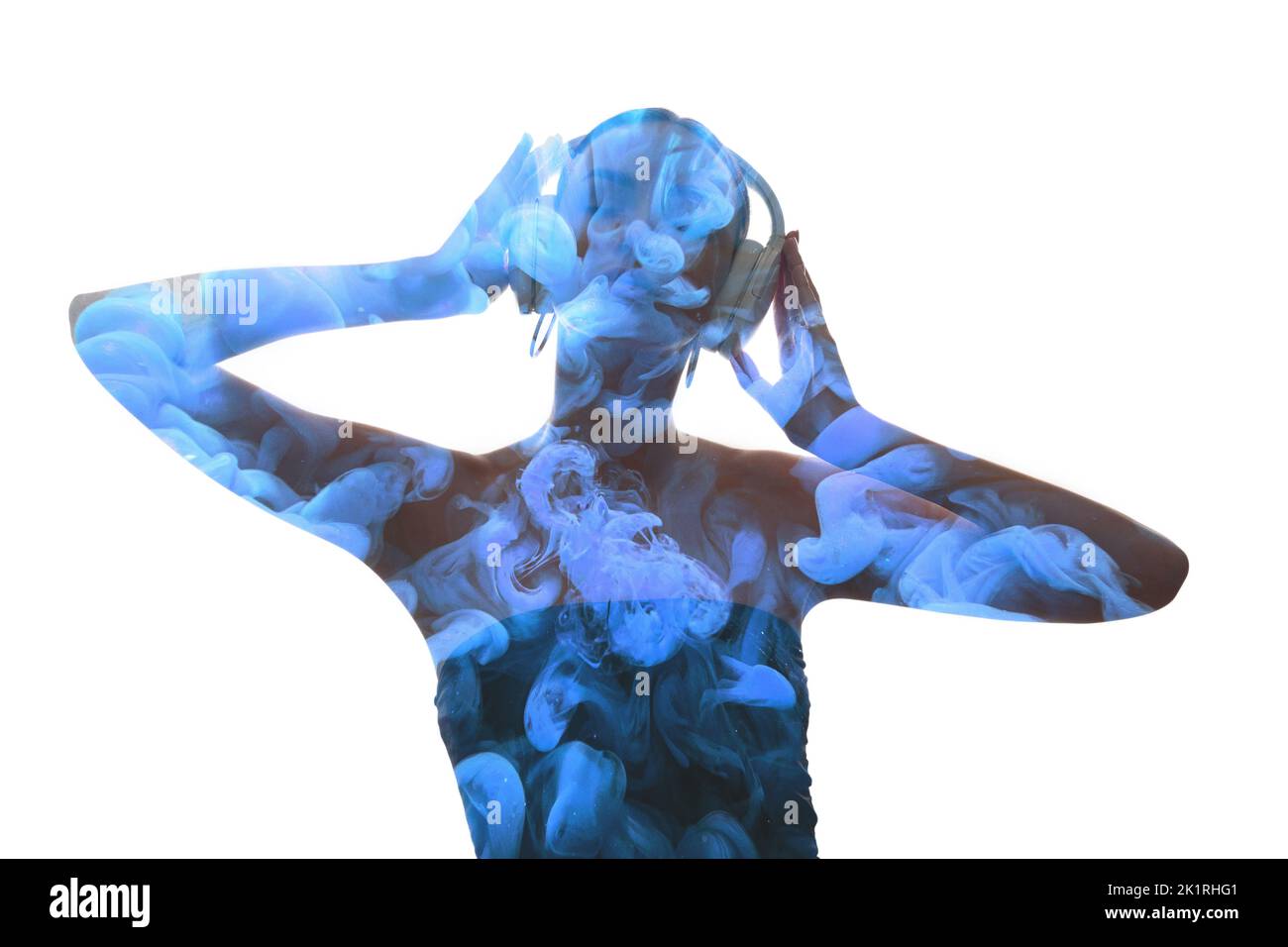 Double exposure silhouette. Music therapy. Trance recreation. Blue ...