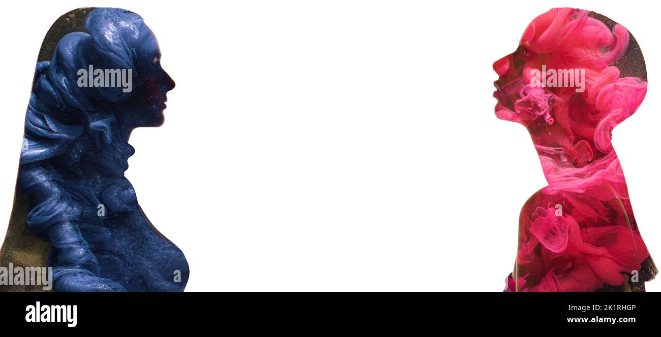 Double exposure silhouette. Female diversity. Art banner. Contrast blue ...