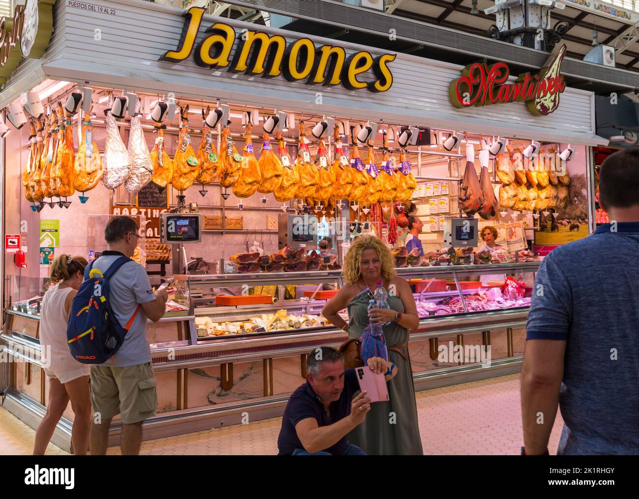Ham stall counter at Mercado Central, Central Market, in Valencia ...