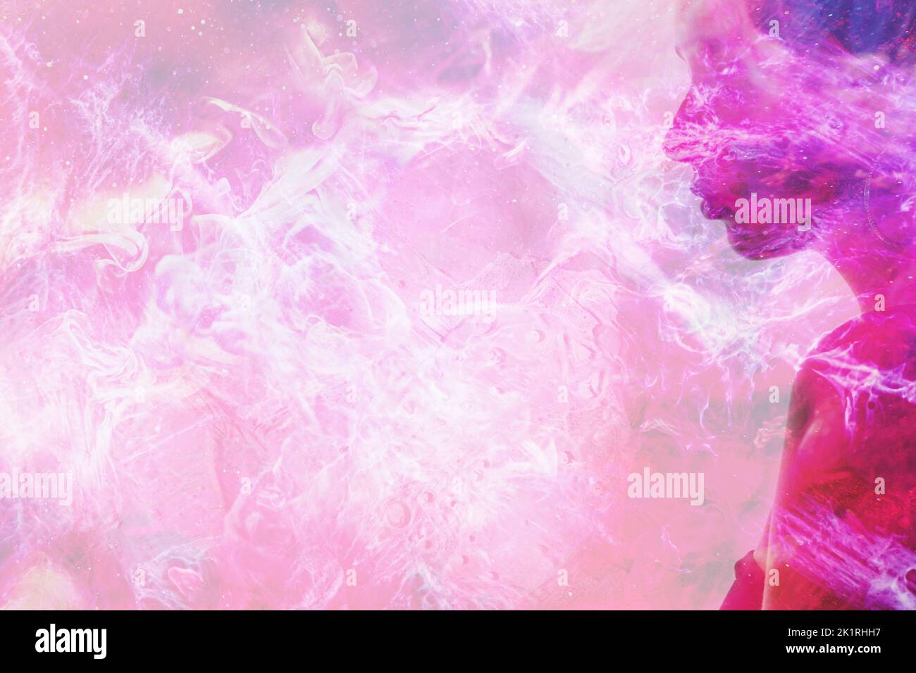 Double exposure silhouette. Spiritual aura. Esoteric energy. Magenta ...