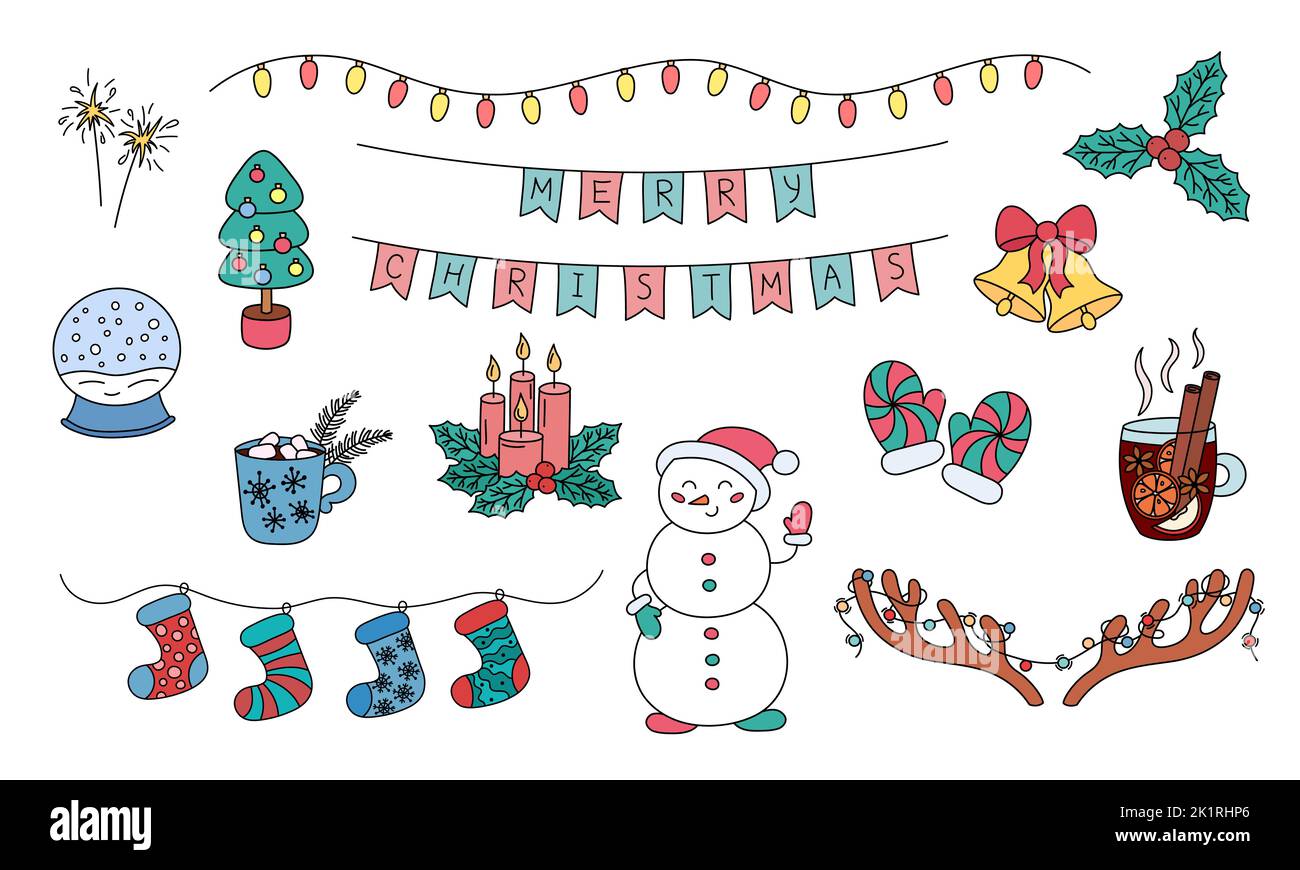 Christmas doodles vector set. Hand drawn colorful holiday elements ...