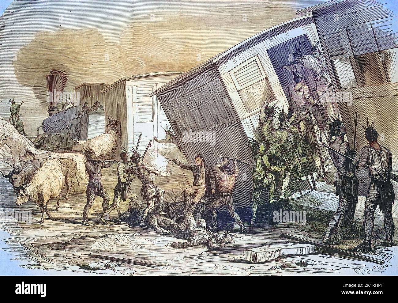 Indianer der Sioux überfallen einen Zug der Linie Pazifik Railroad im ...