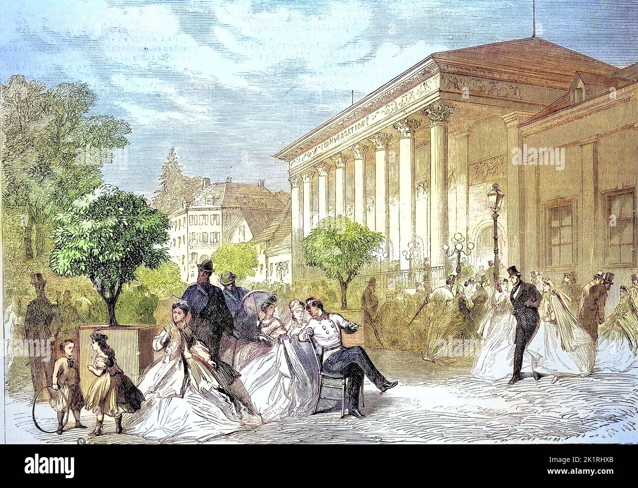 Vornehme Leute vor dem Kurhaus von Baden-Baden, 1869, Deutschland ...