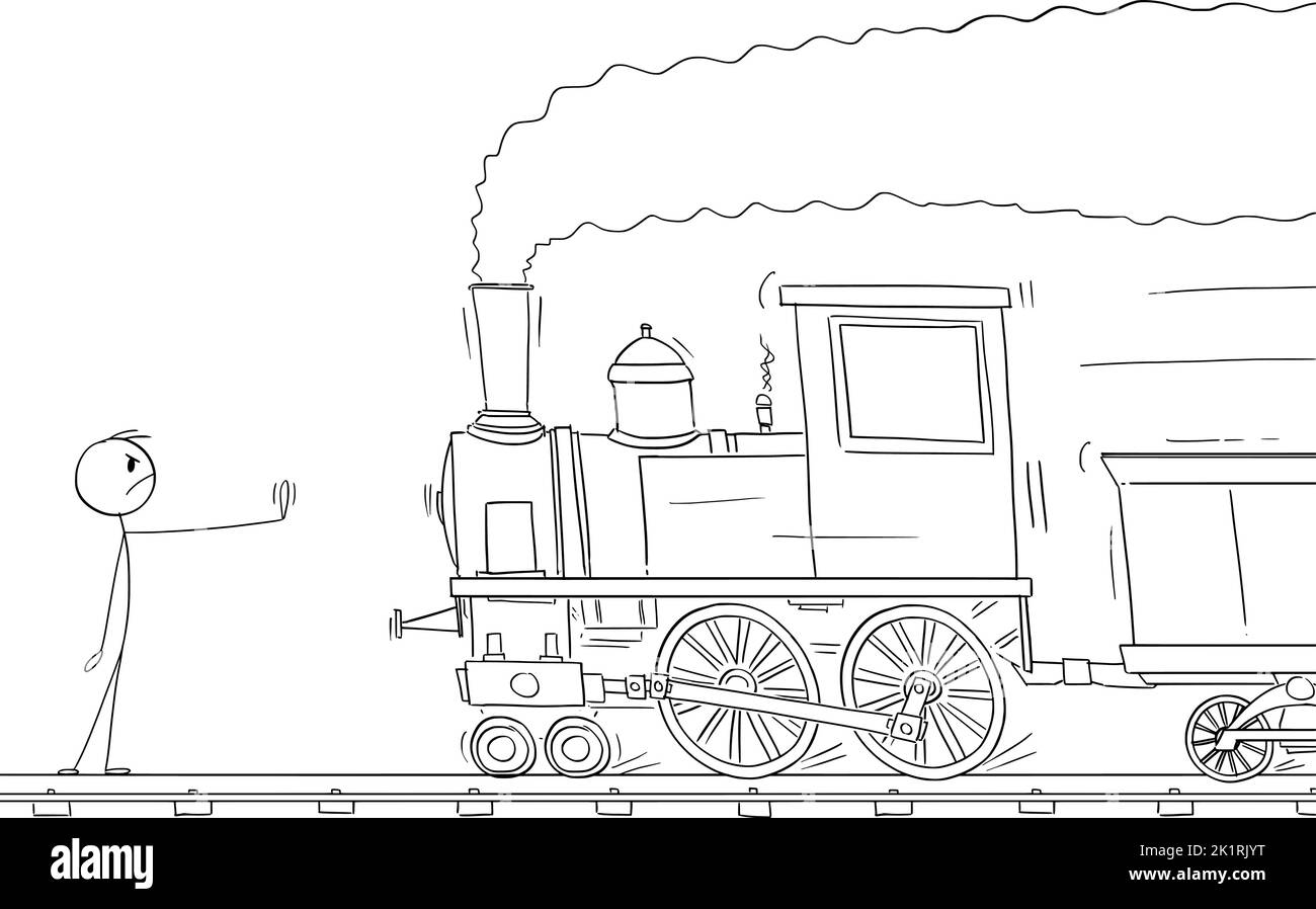 Confident Person Trying to Stop the Train, Vector Cartoon Stick Figure ... Confident Person Trying to Stop the Train, Vector Cartoon Stick Figure ...