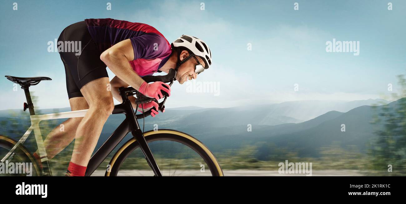 Portrait of concentrated man, professional cyclist training, riding on ...
