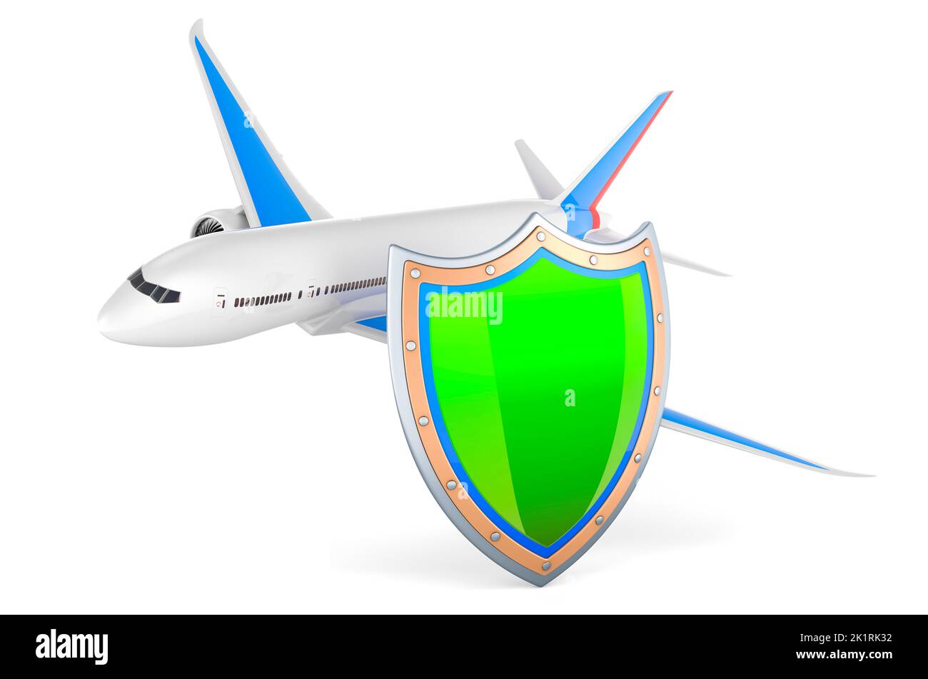Plane with shield, 3D rendering isolated on white background Stock ...