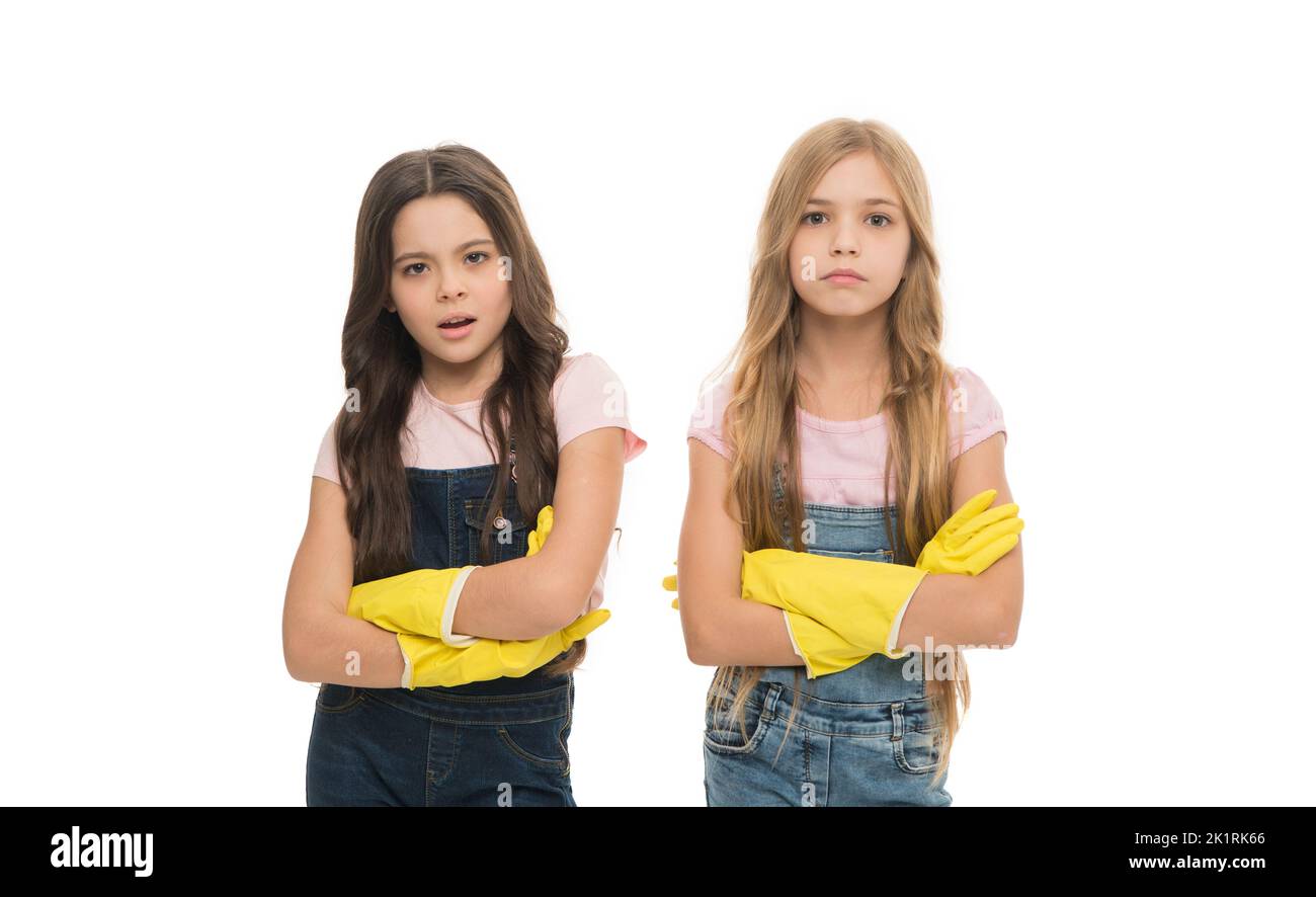 Domestic services. Adorable domestic helpers. Cute little girls wearing ...