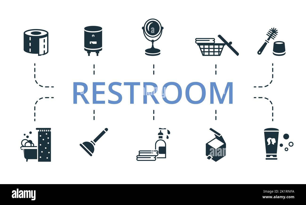 Restroom set icon. Editable icons restroom theme such as trash can ...