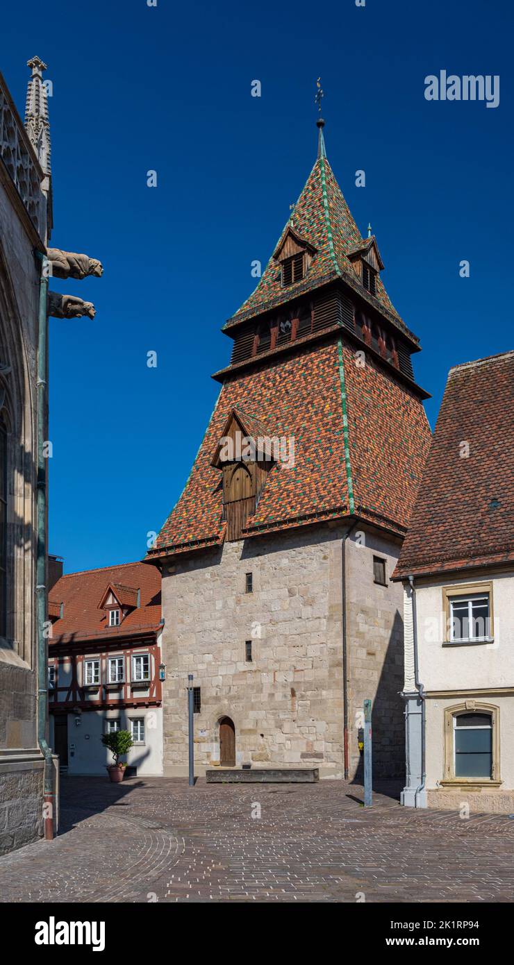 Belfry of the Heilig-Kreuz-Muenster (Holy Cross cathedral) Schwaebisch Gmuend. South German ...