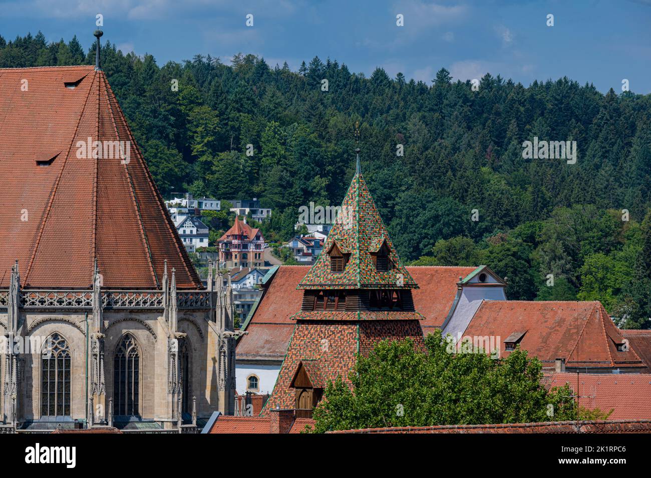 Belfry of the Heilig-Kreuz-Muenster (Holy Cross cathedral) Schwaebisch Gmuend. South German ...