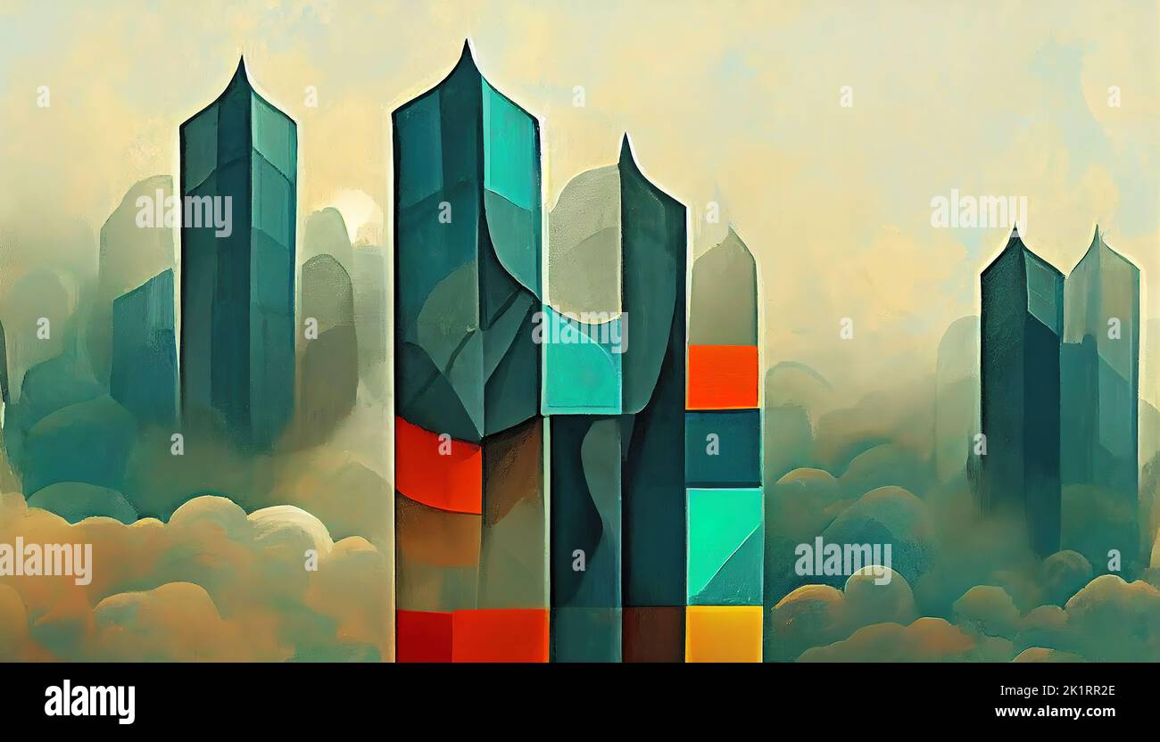 High skyscrapers abstract painting. Digital illustration based on ...