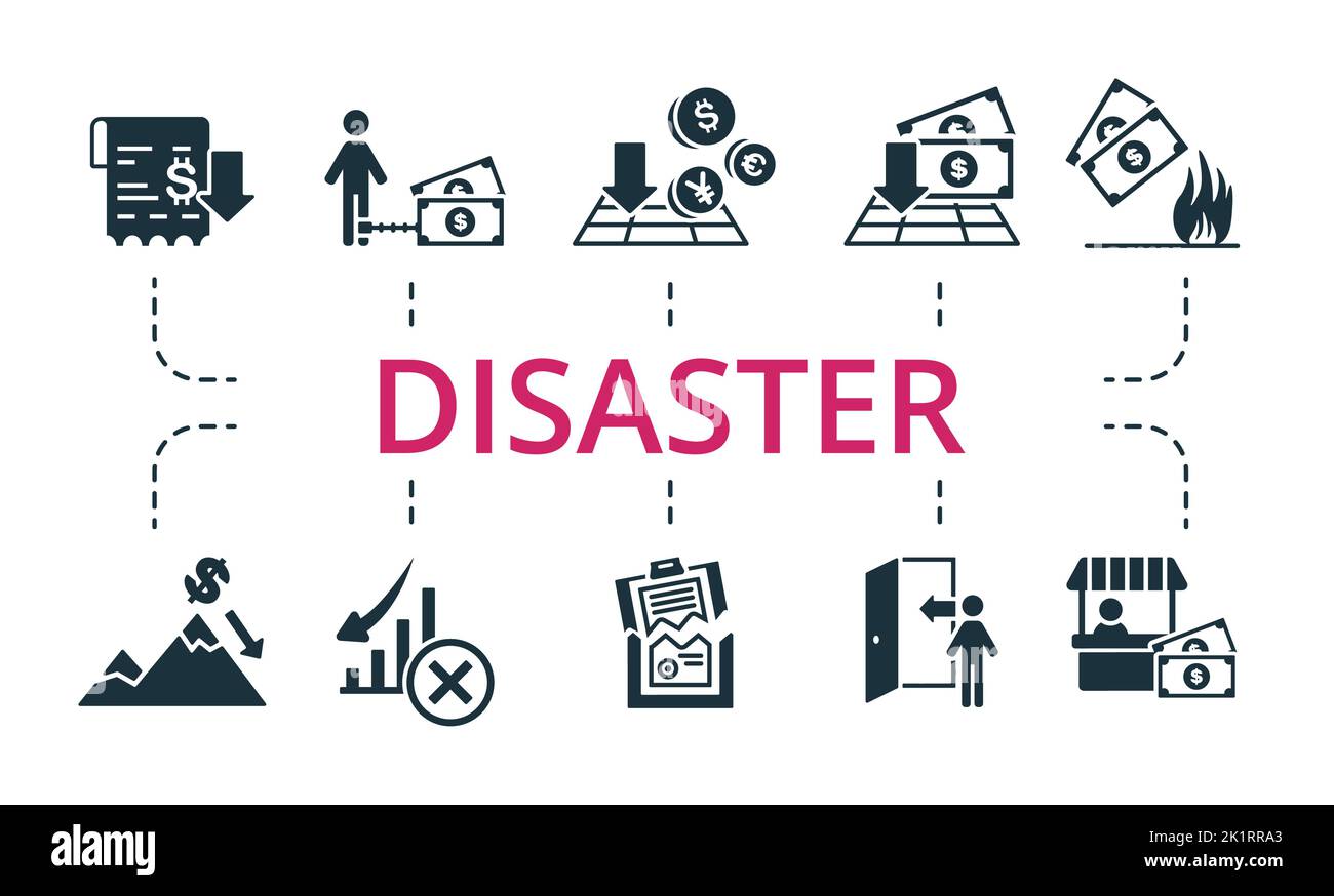 Disaster set icon. Editable icons disaster theme such as liquidation ...