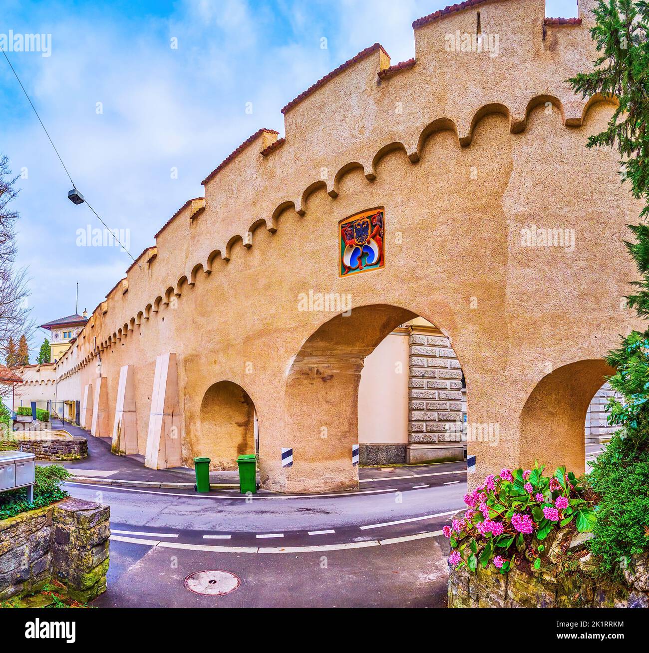 Medieval Musseg Walls (city walls) cross the street in Altstadt (old ...