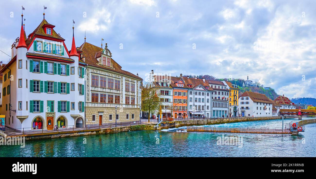 Panorama of medieval buildings at Needle Dam on Reuss river of Lucerne ...