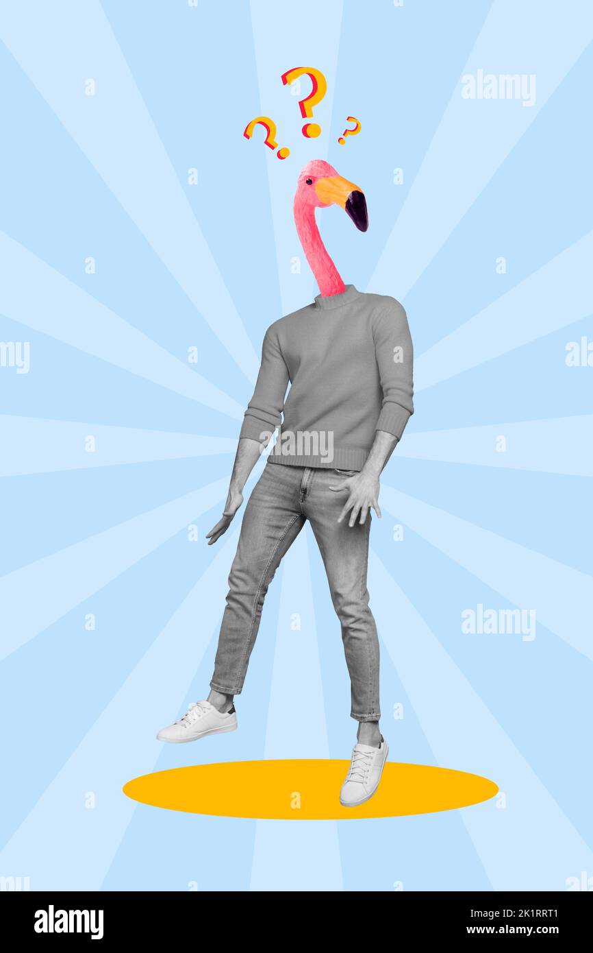 Vertical creative collage image of funny funky man pink flamingo bird ...
