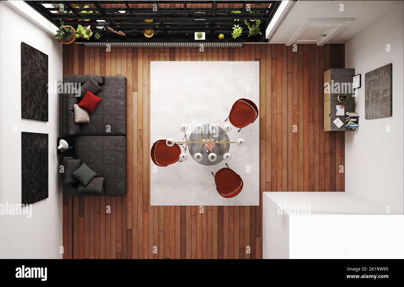 Modern interior of luxury private house. View of living room from above ...