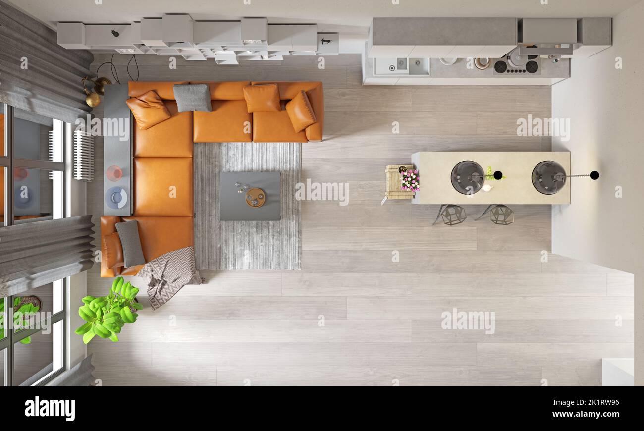 Modern interior of luxury private house. View of living room from above ...