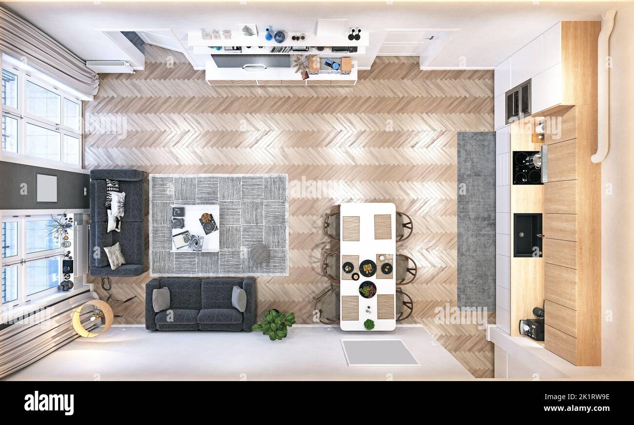 Modern interior of luxury private house. View of living room from above ...