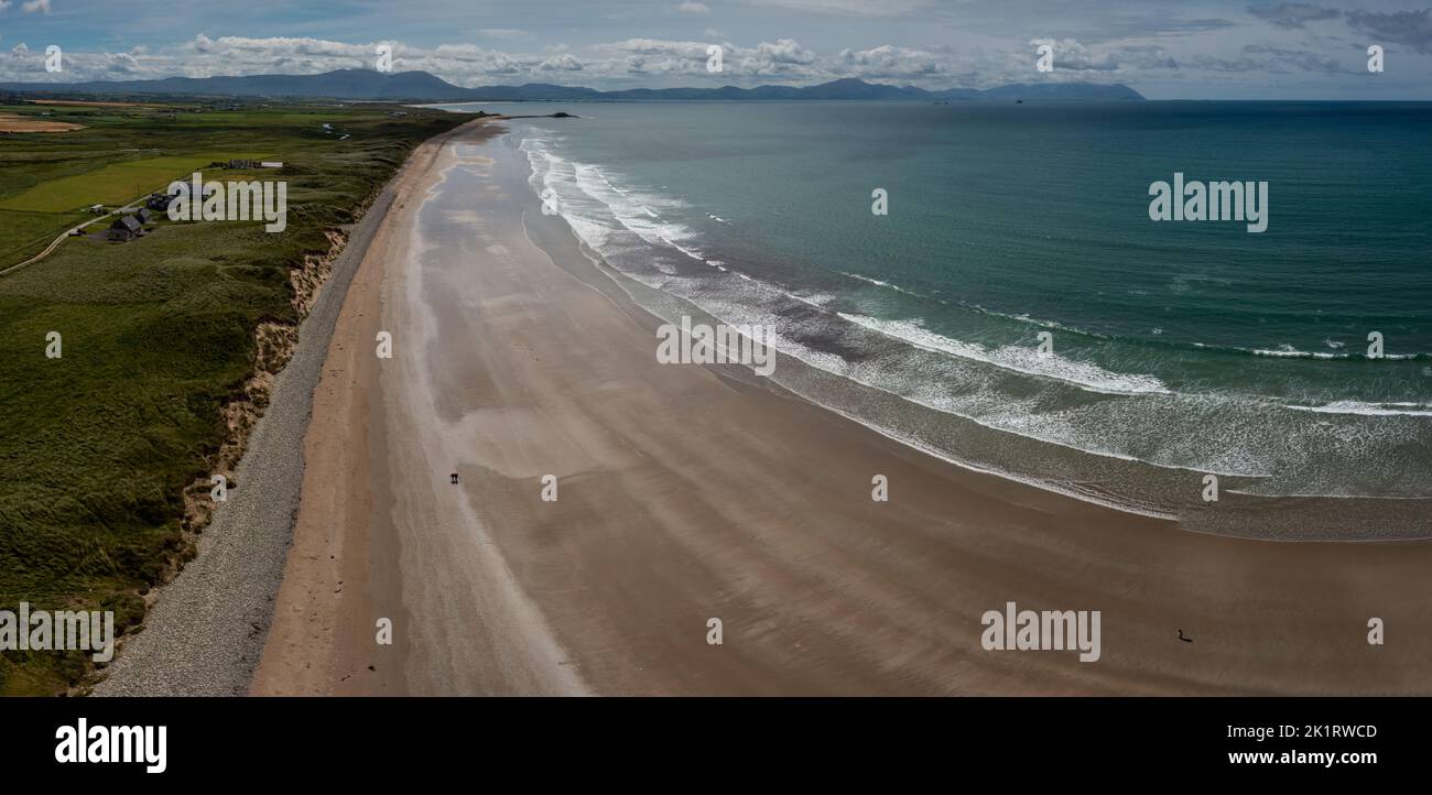 A panorama aerial view of the endless golden sand beach in Ballybunion ...