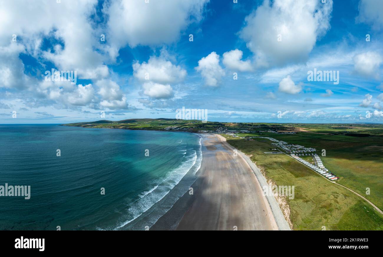 A panorama aerial view of the endless golden sand beach in Ballybunion ...