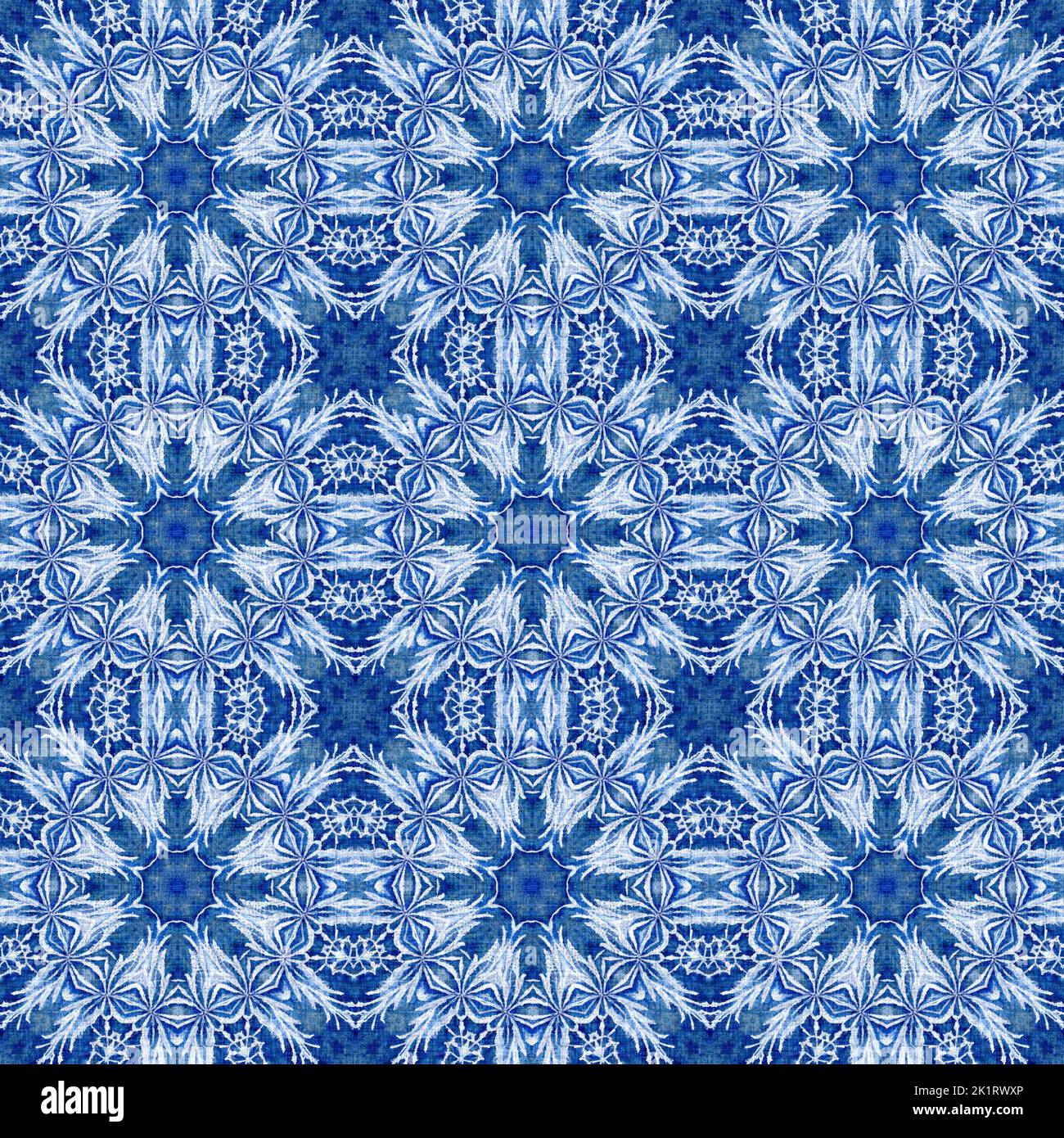 Indigo blue snow flake damask pattern background. Frosty painterly ...