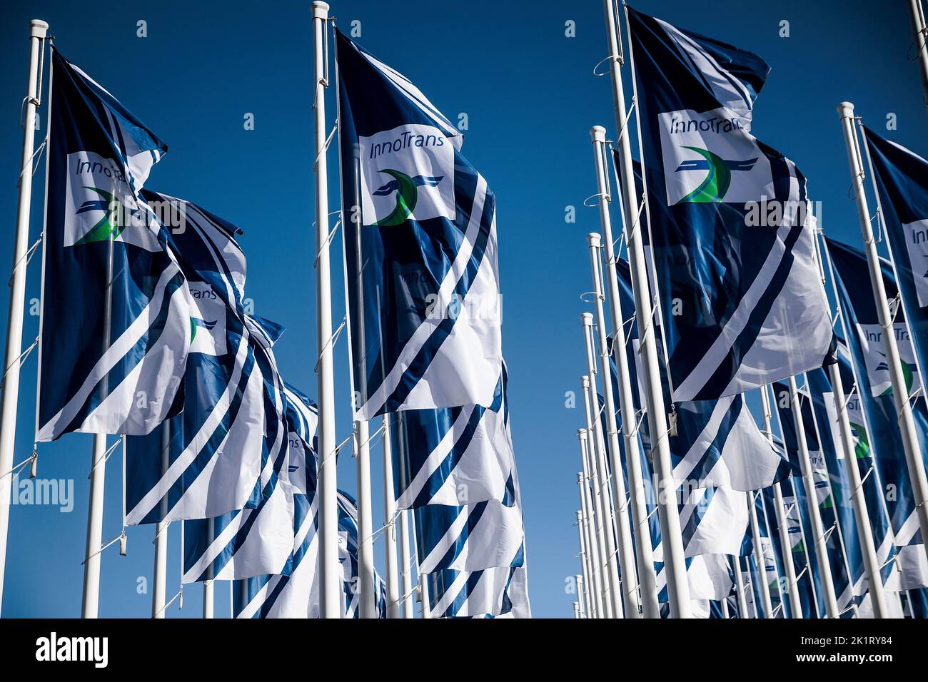 Berlin, Germany. 20th Sep, 2022. Flags with the logo of the InnoTrans ...