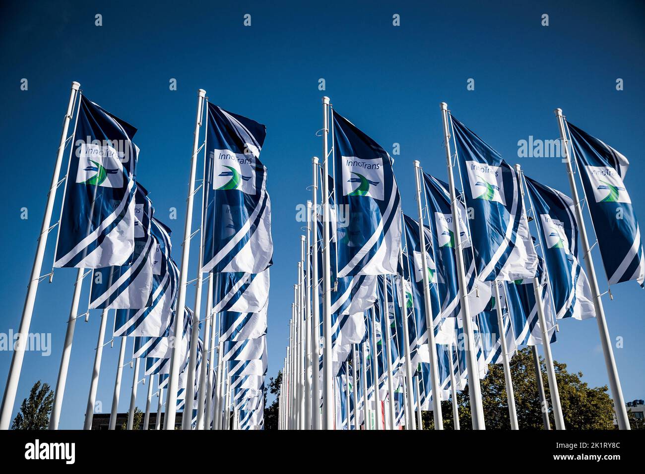 Berlin, Germany. 20th Sep, 2022. Flags with the logo of the InnoTrans ...