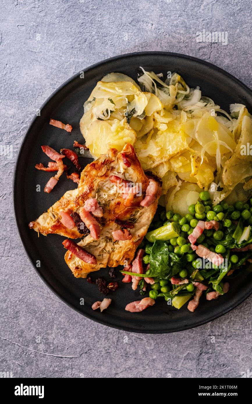 Chicken, bacon, rosemary, peas, spinach, onion, potato Stock Photo - Alamy
