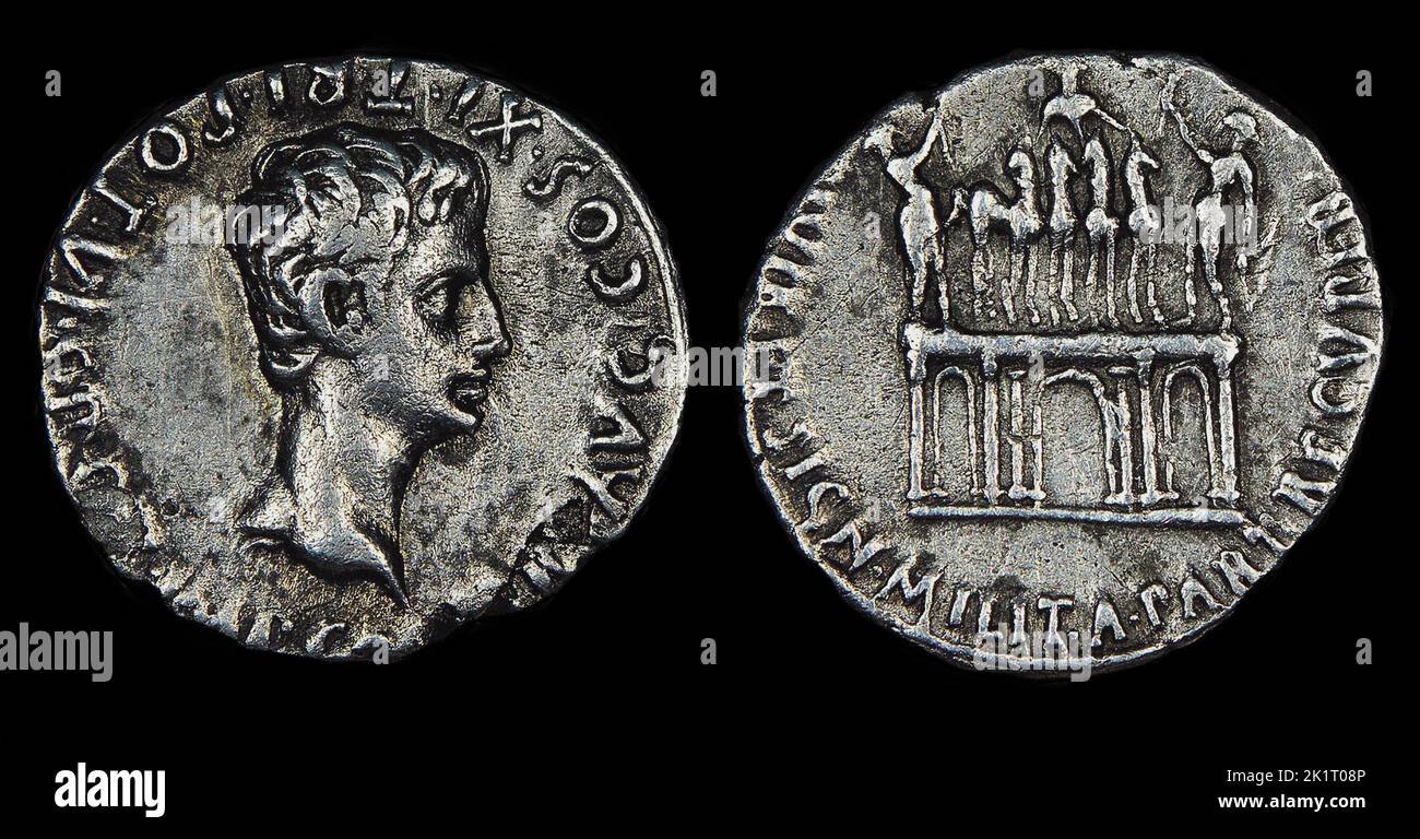 Denarius of Augustus. Obverse: Head of Augustus. Reverse: quadriga on ...